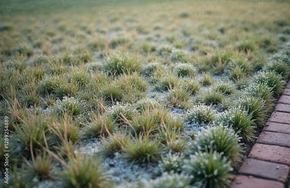 Lawn grass affected by snow mold fungal disease. Green grass with white ...