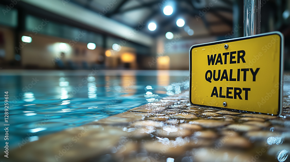 Water quality alert sign near indoor swimming pool during evening hours ...