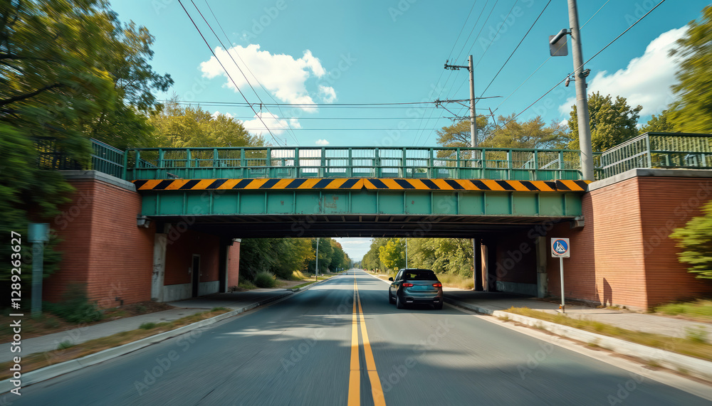 Car driving under green railway bridge with yellow, black hazard ...