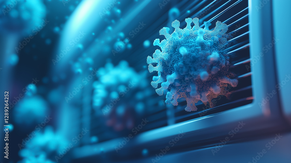 Microscopic view of viruses interacting with air filtration system ...