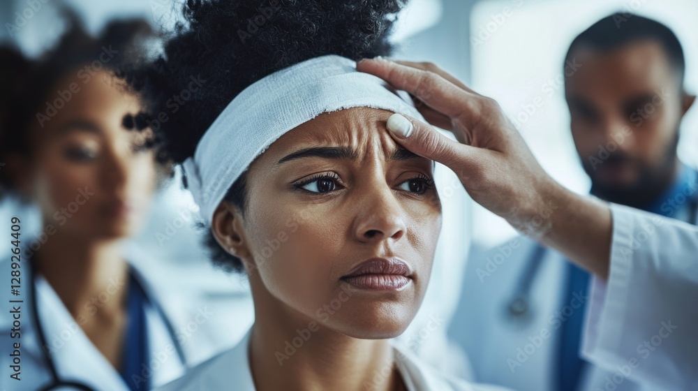 Hospital rush with medical team treating a patient with a head injury ...