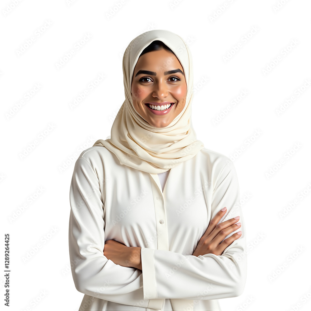 Smiling Saudi woman in white hijab, arms crossed, isolated on white ...