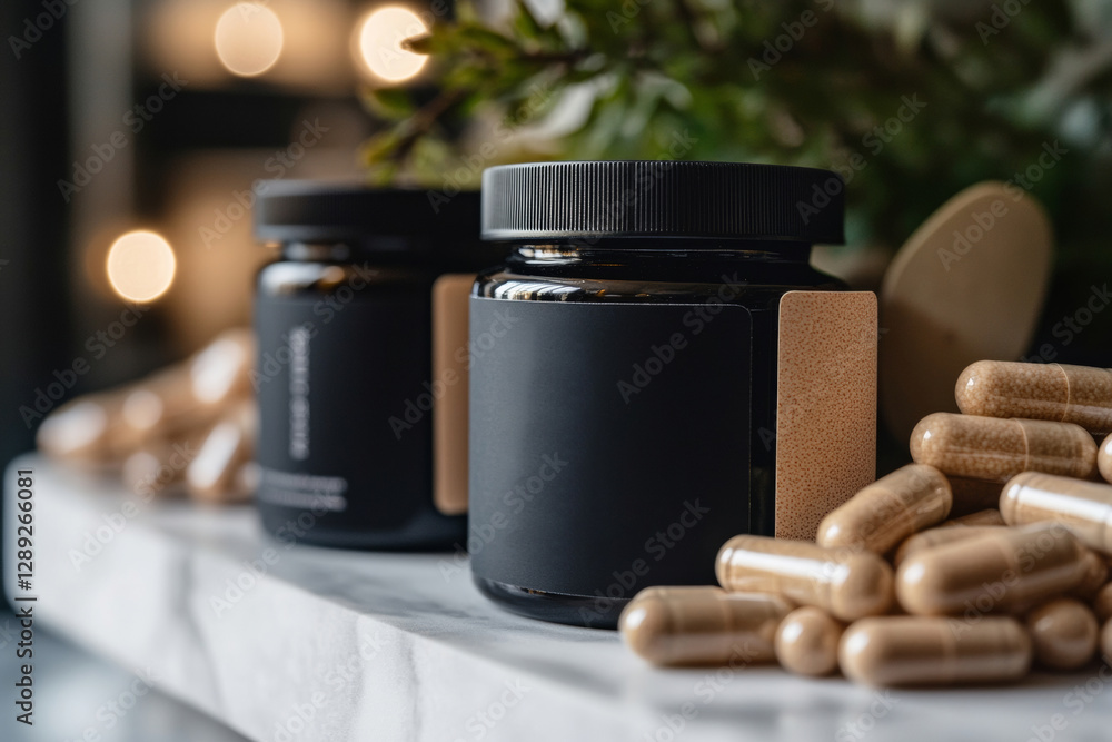 Supplement capsules rest beautifully on a surface, showcasing a luxury ...