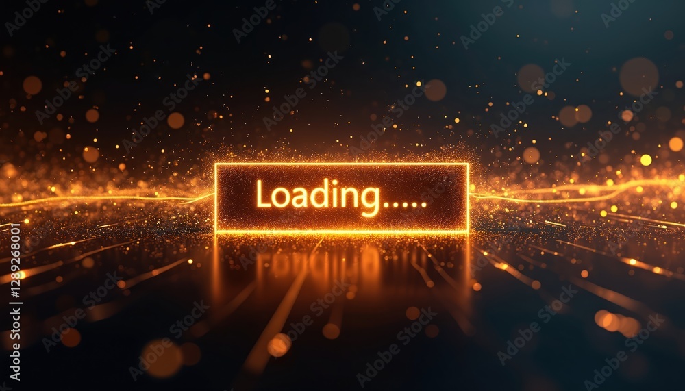 Orange loading word on dark digital background. Golden lines on monitor ...