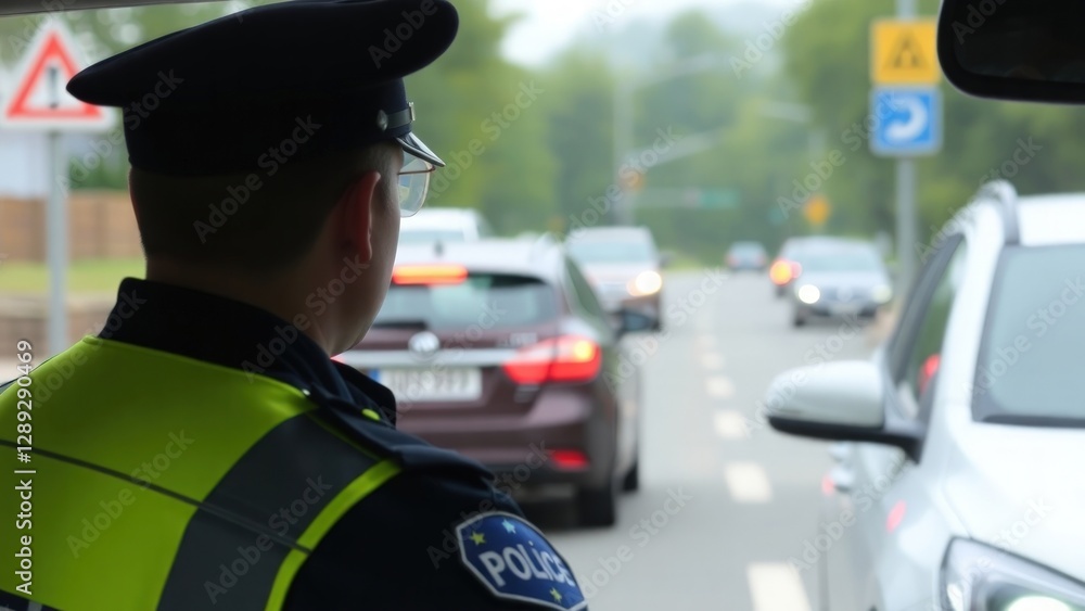 Police officer at traffic stop, maintaining order and enforcing road ...