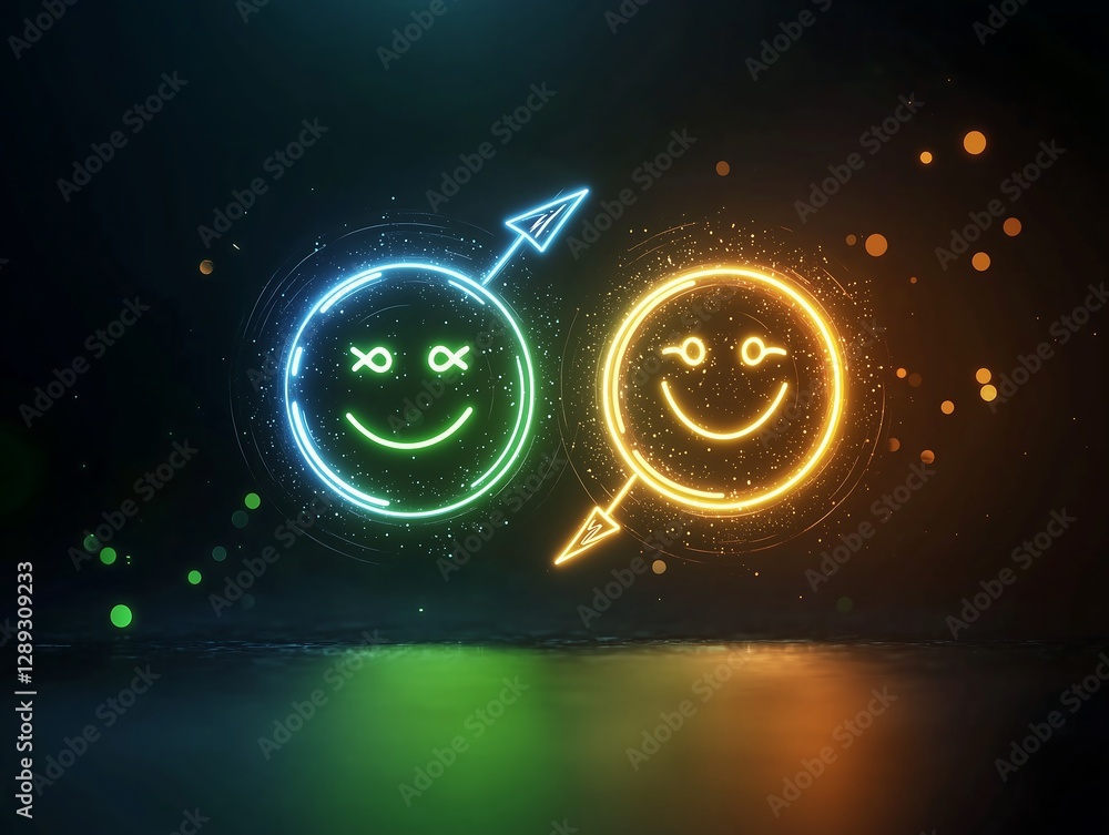 An arrow goes from a icon of sad face to a icon of smiley face Stock ...