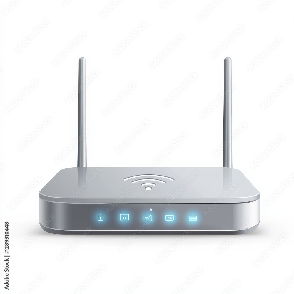 Realistic design of a modern Wi-Fi router with a sleek, metallic finish ...