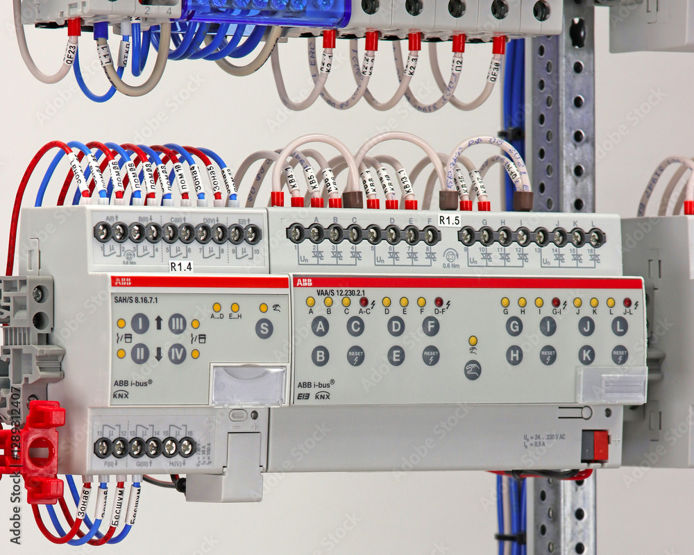 ABB relay modules for load management via the KNX data bus. Installed ...