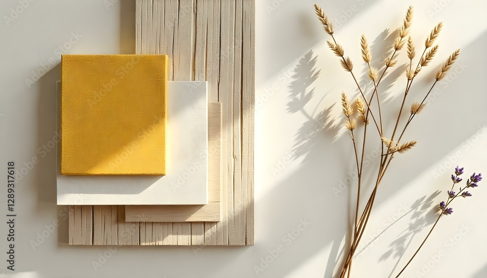 Tablero beige y amarillo con diversas texturas y materiales, como ...