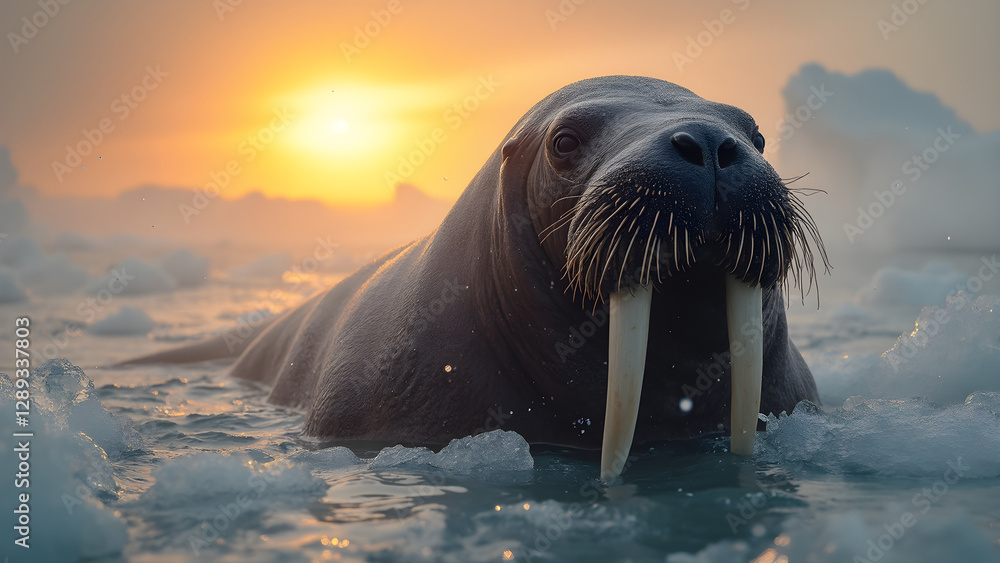 Capture a walrus in the Arctic. Basking under the sun. Ultra realistic ...