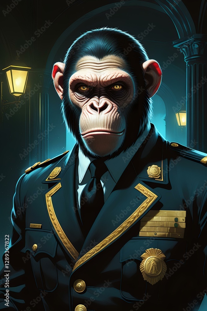 Primate Authority: Surreal Chimp Police Commander in Formal Uniform ...