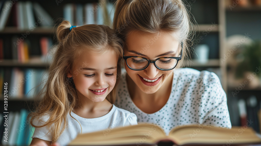 Mother and daughter joyfully reading a book together, sharing smiles in ...