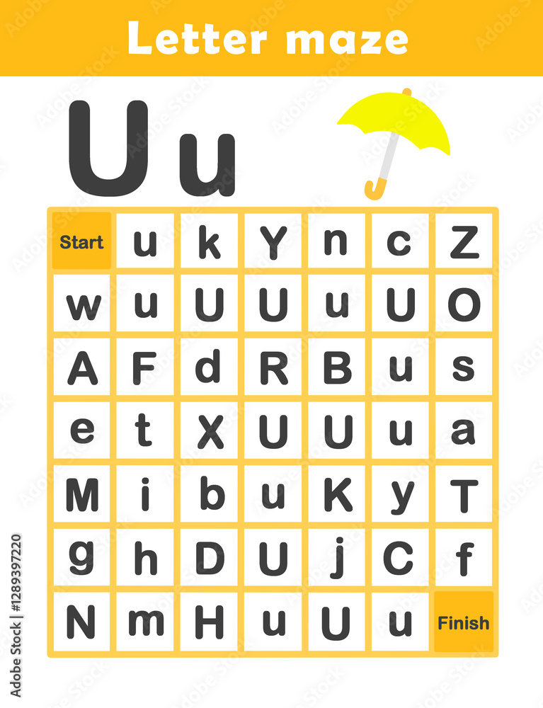 Letter U Maze Worksheet for Kindergarten and Preschool. Alphabet ...