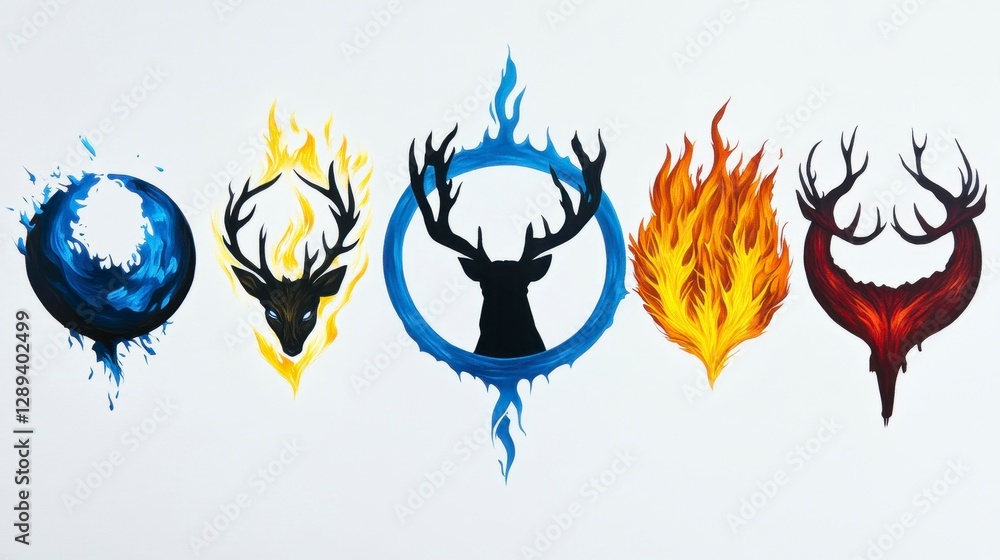 A stunning collection of elemental deer logos representing water, fire ...