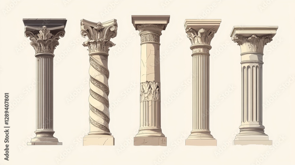 This is a set of illustrations of the five classical architectural orders: Tuscan, Doric, Ionic ...