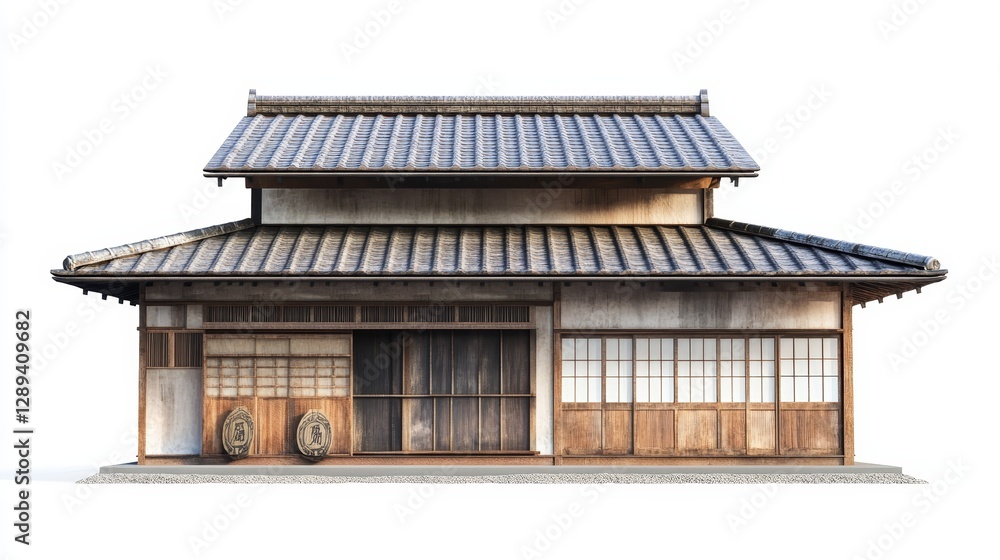 Traditional Japanese house building with a flat roof and shields ...