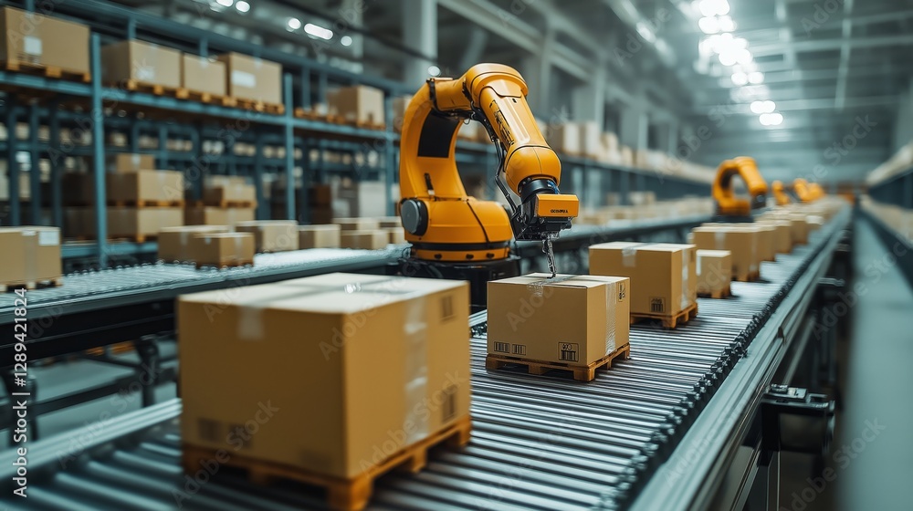 Warehouse showcases advanced robotic systems efficiently sorting and moving packages on ...