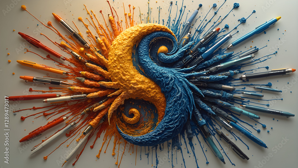 Foto de Stock Digital vs. analog yin-yang symbol. Ultra realistic pen ...