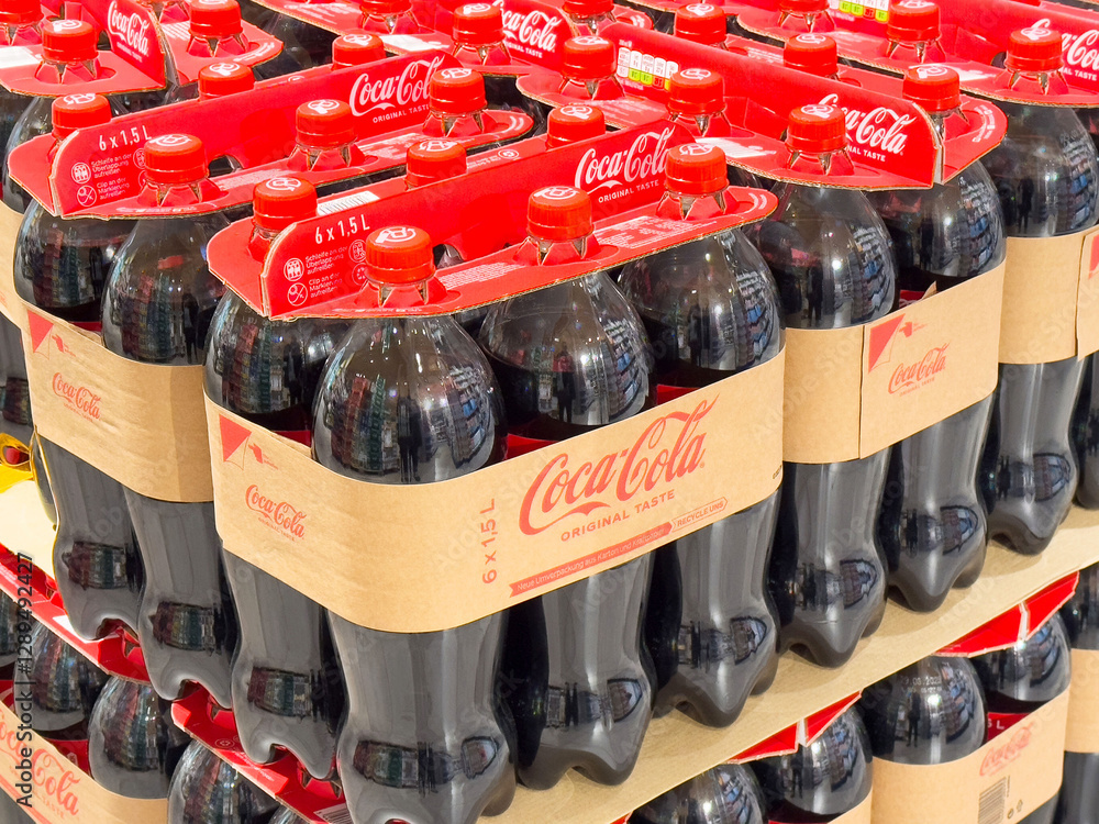 Bottles of Coca-Cola Soft Drink Packaged for Retail Display in ...