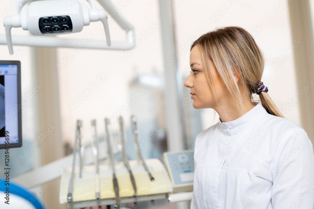 Dentist checks patient x-rays. A dental professional examines x-rays on ...