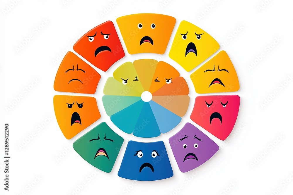 Emotion color wheel with sad facial expressions, psychological mood ...