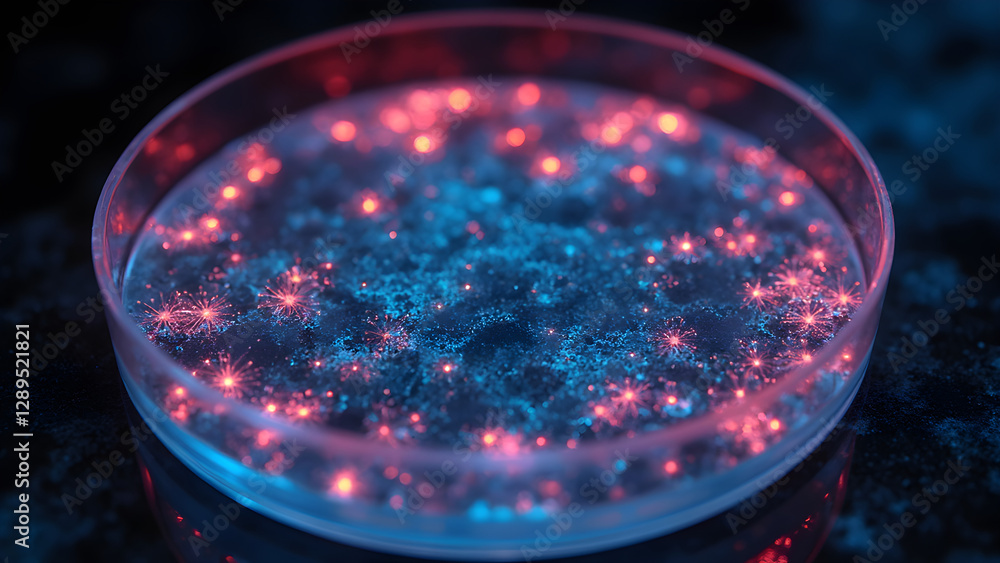 Bioluminescent bacteria patterns in petri dish. Observation of glowing ...