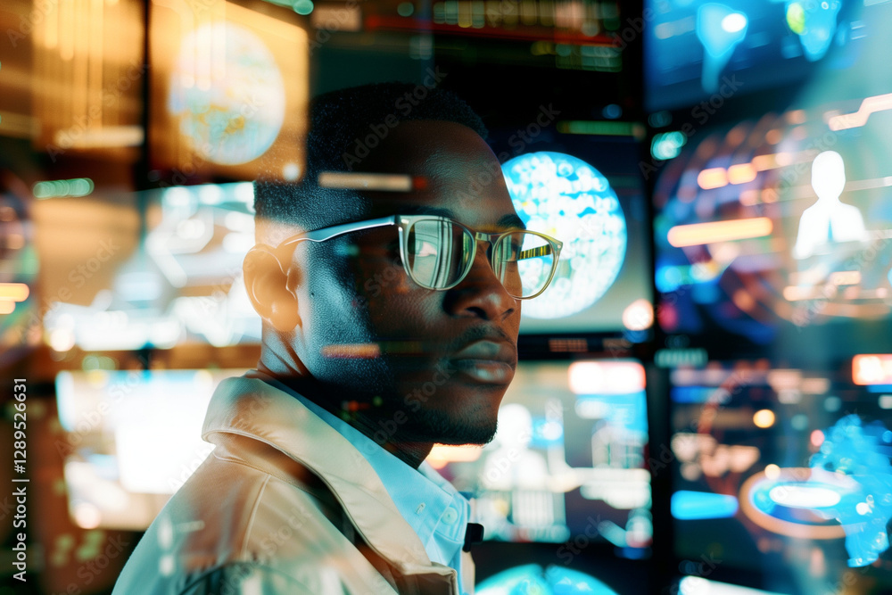 AI cyber security threat illustration, black african american man working in computer monitor ...