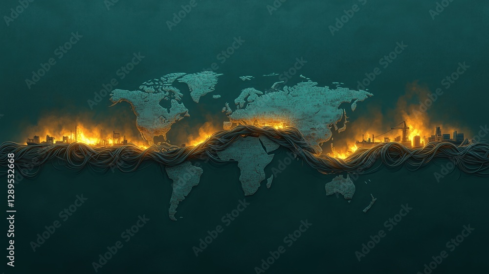 World map depicted with fire and destruction representing climate ...
