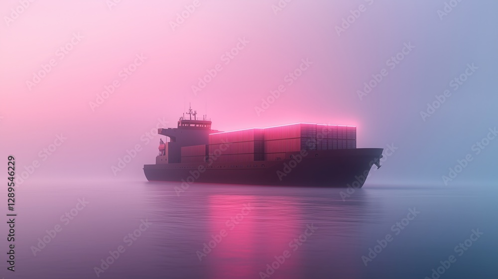Container ship illuminated by neon lights sailing through foggy waters ...