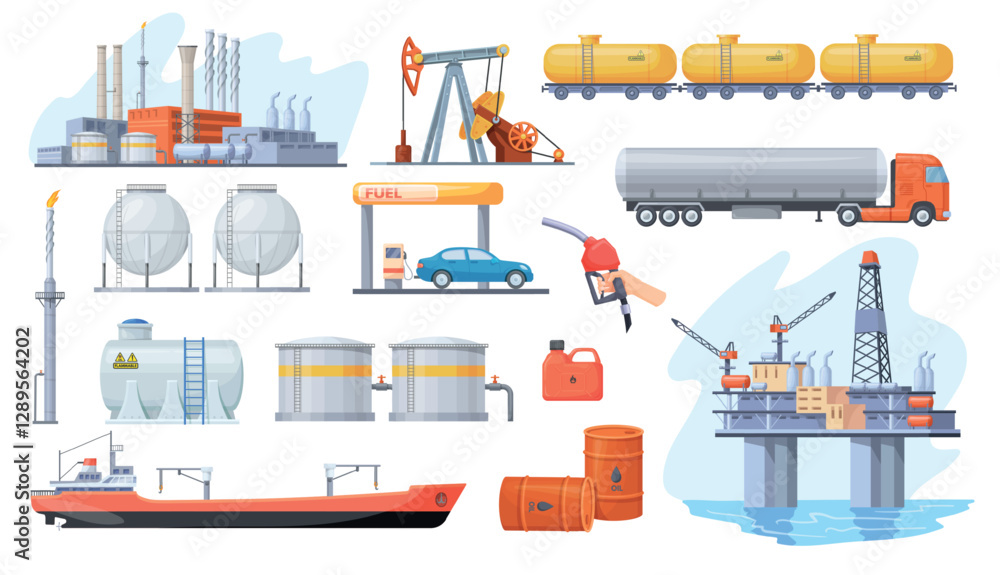 Cartoon oil gas industry. Petroleum platform refinery plant and rigs ...