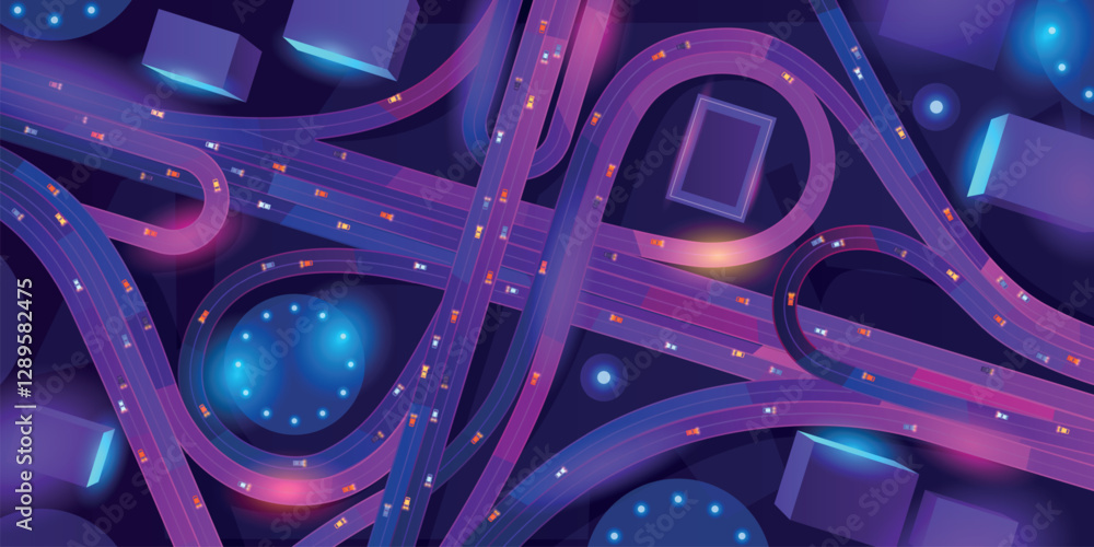 Night intersection top view. Transport interchange city road ...