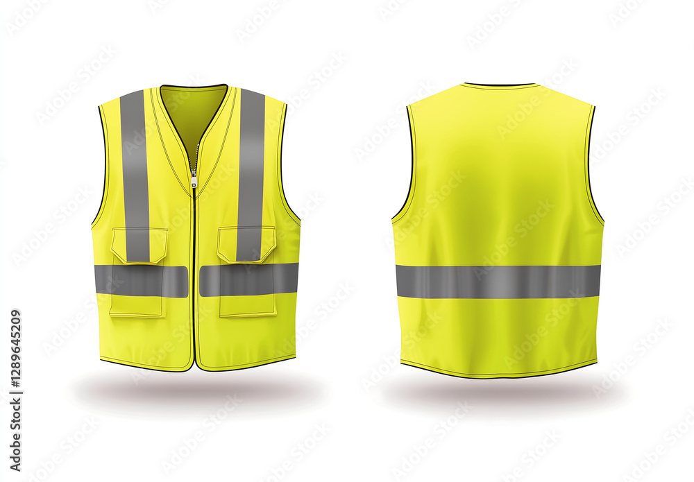 Front and back view of a high-visibility yellow safety vest with ...