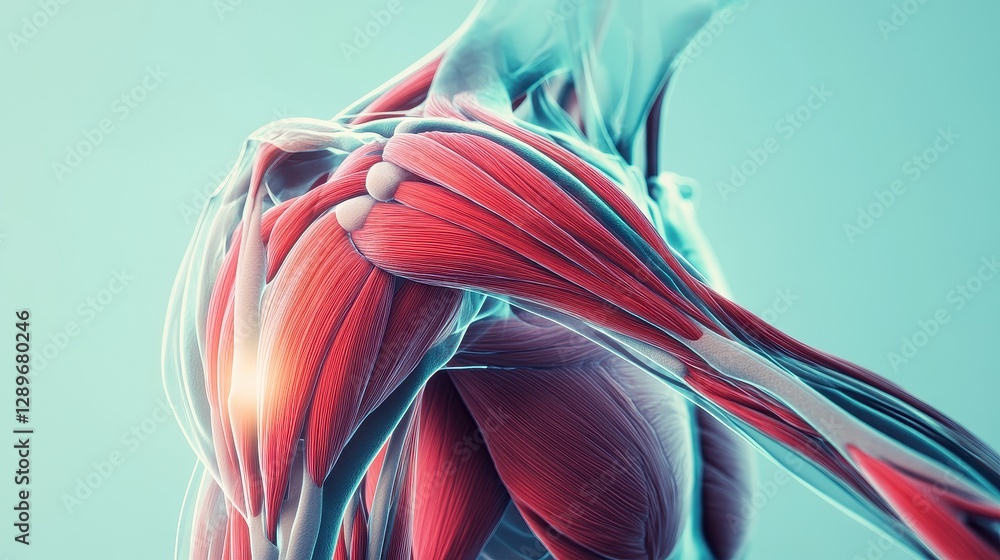 3D illustration of the human shoulder joint with muscles and ligaments ...