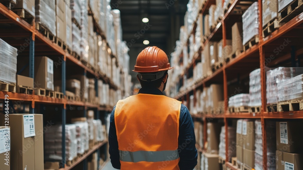 Back view of a worker ensuring all packages are correctly labeled in a ...