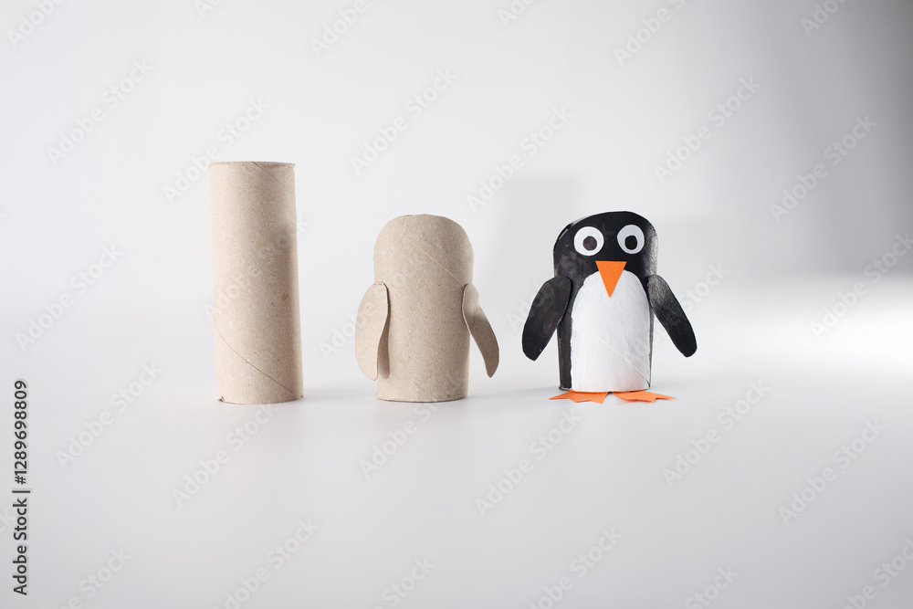 Stages of a craft project using cardboard toilet paper roll to create a ...