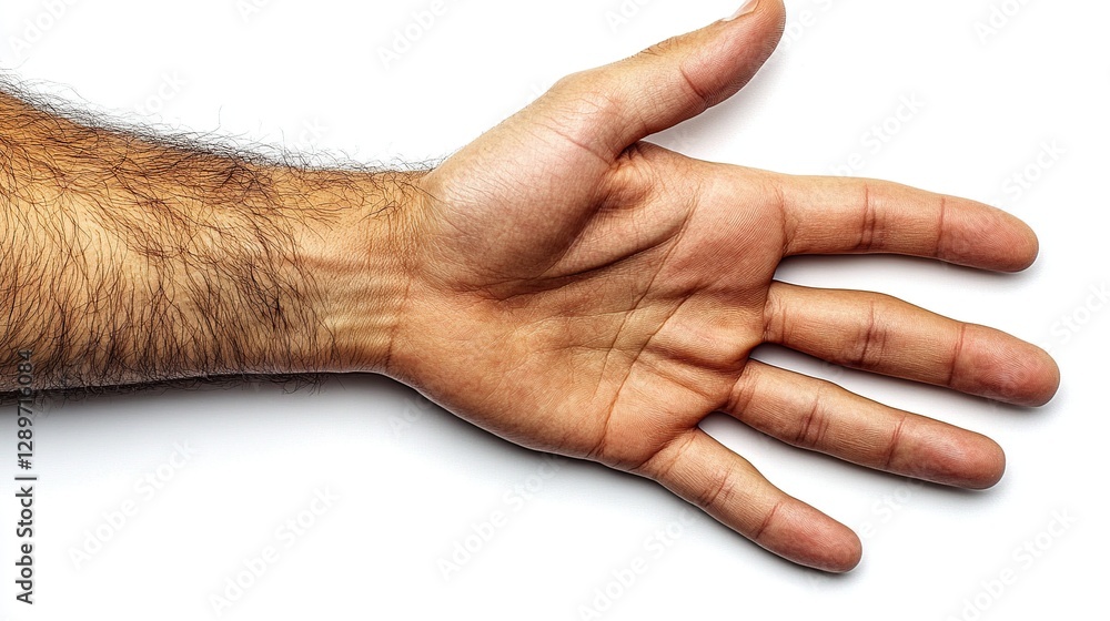 Male hairy arm and hand, outstretched, on white background, showing ...