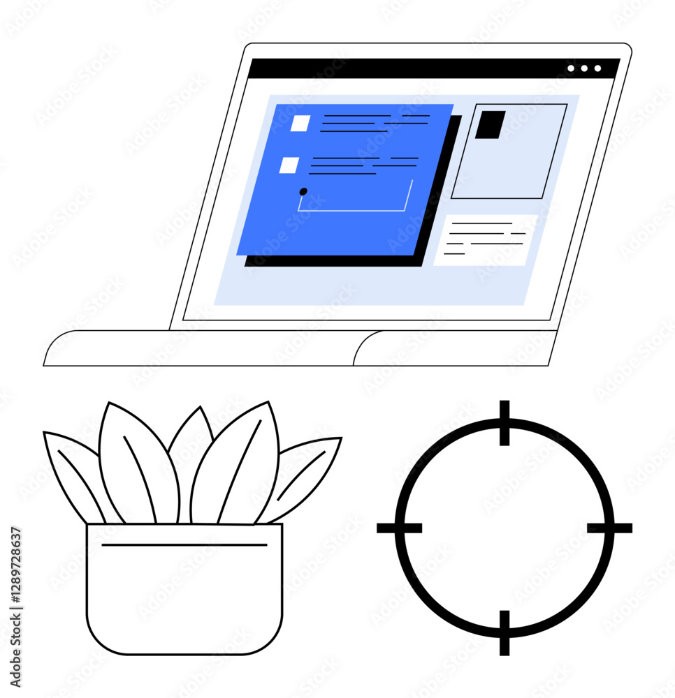 Laptop screen with business dashboard, potted plant, and crosshair ...
