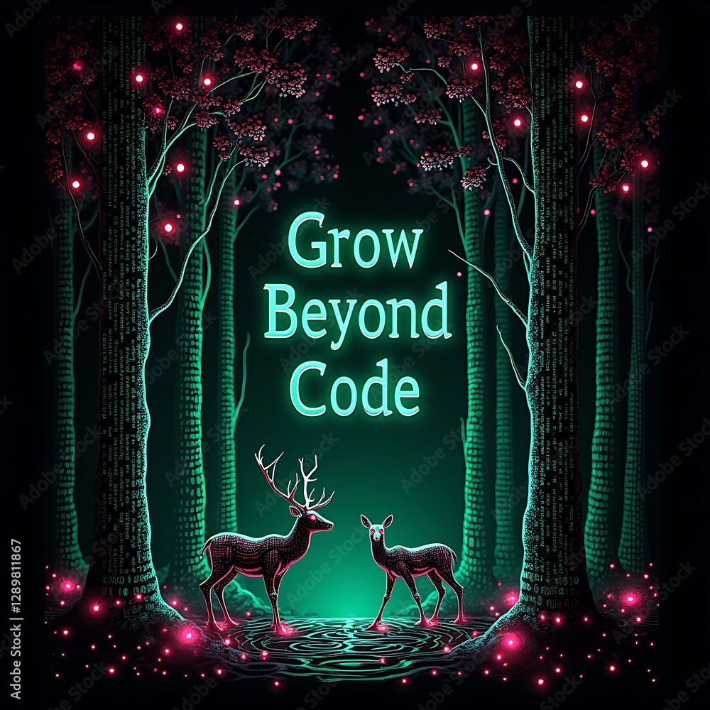 Two stylized deer stand in a mystical forest where trees are formed ...