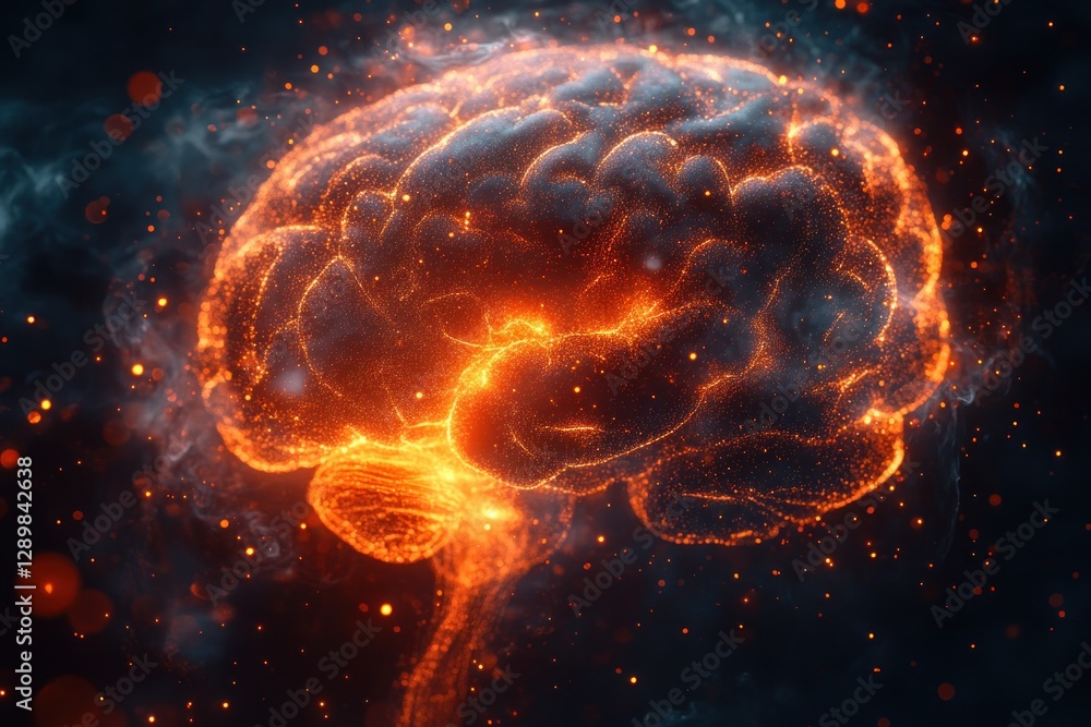 Human Brain and Optic Nerve Anatomy Digital Art Illustration with Glowing Sphere and X-Ray View ...