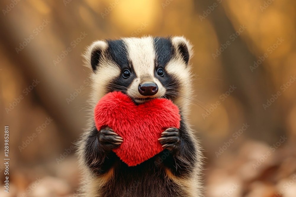 Cute badger baby with fluffy red heart on in a natural habitat ...