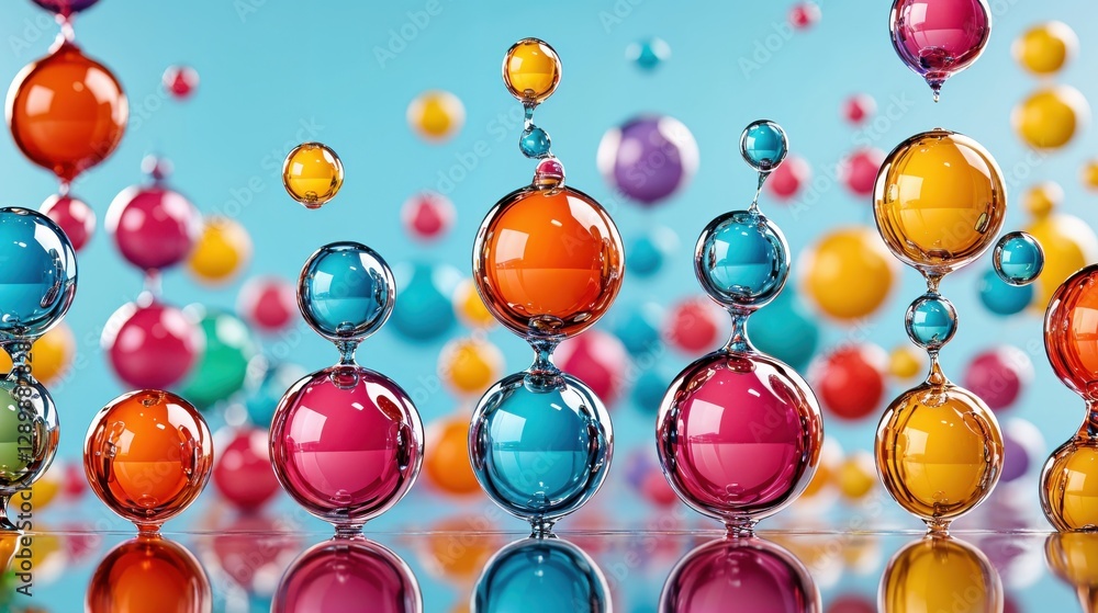 Brightly colored glass orbs in various sizes float gracefully against a ...