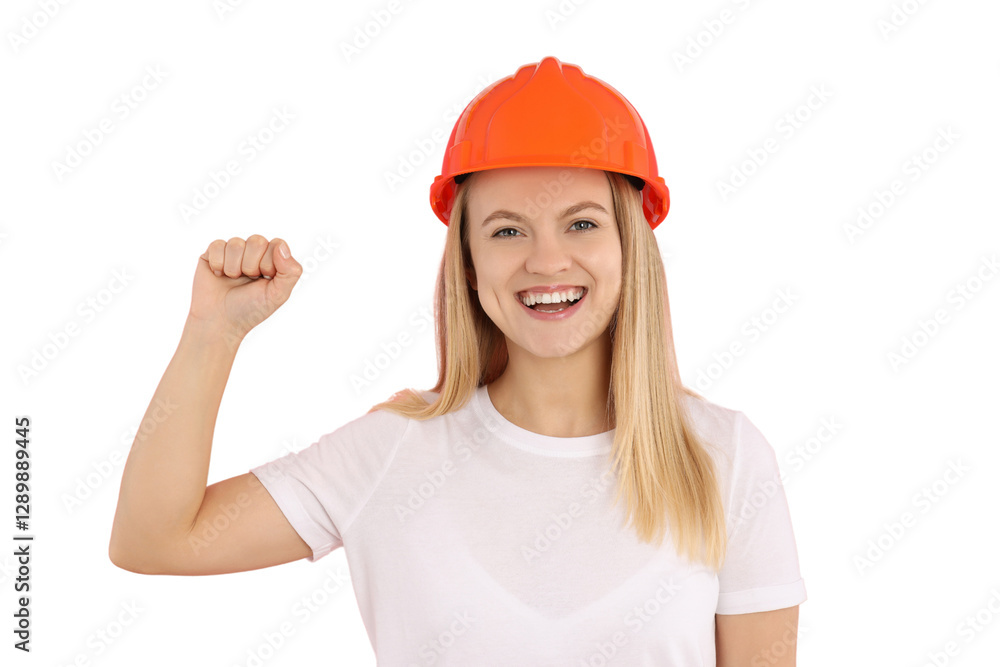 PNG, 8 March. Girl in construction uniform with feminist gesture ...