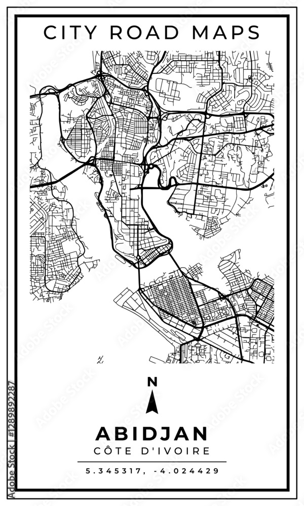 Black and white printable road map of Abidjan city Côte d'Ivoire banner ...