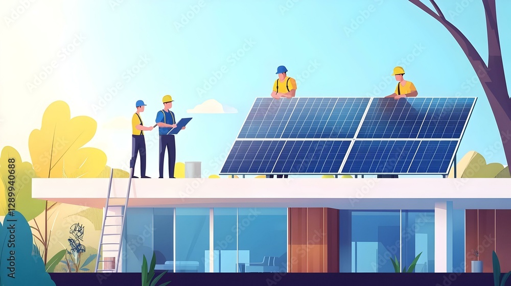 Male team engineers installing stand-alone solar Stock Illustration ...