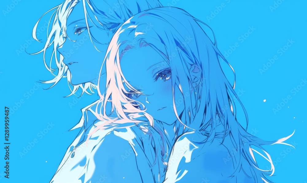 Line art drawing of two anime characters, a male and a female with ...