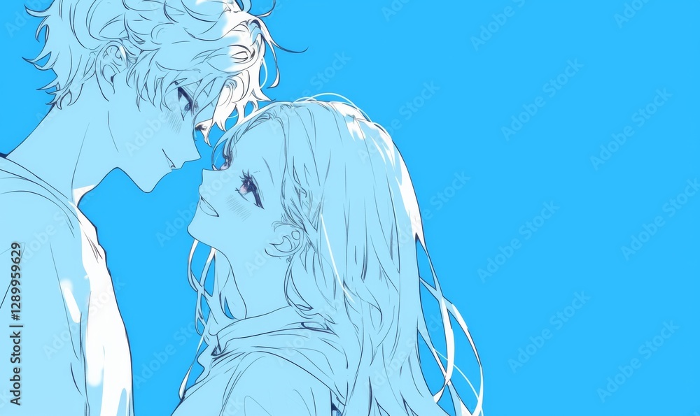 Line art drawing of two anime characters, a male and a female with ...