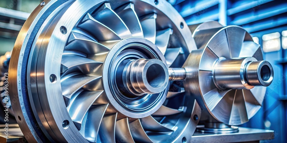 Detailed view of a rotating centrifugal pump impeller with curved ...