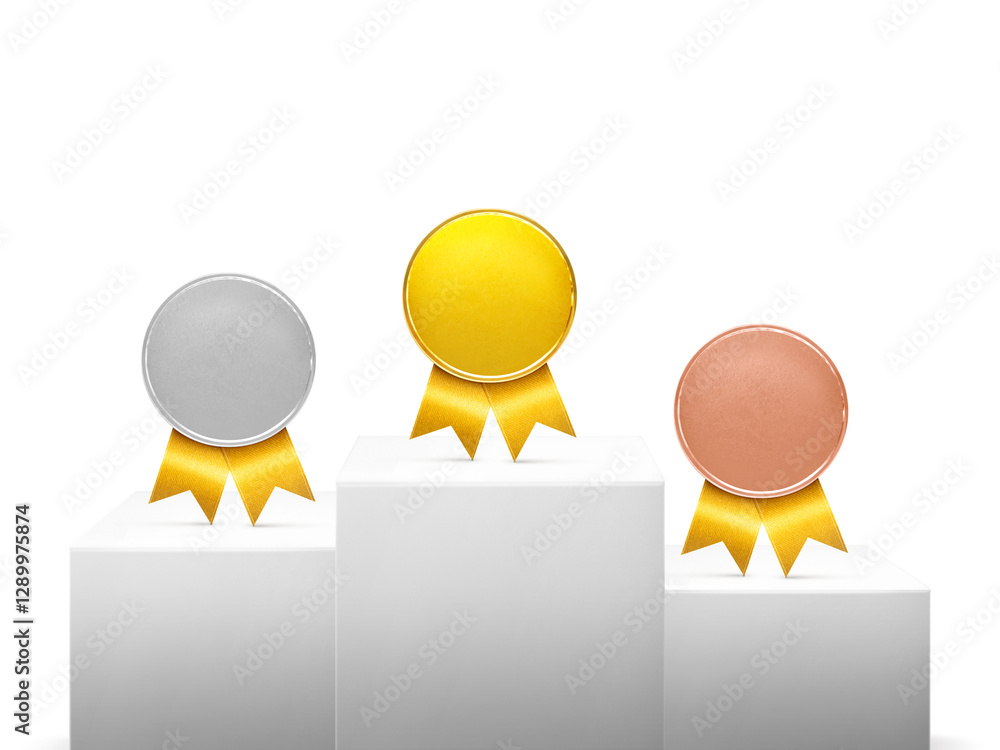 Medals on the podium, 1st, 2nd and 3rd place on a white podium, gold ...