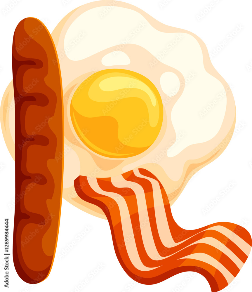 Fast food fried egg, sausage and bacon meal cartoon English ABC font ...