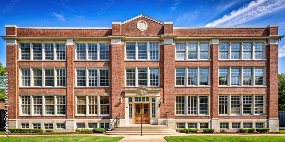 Exterior of a classic American school building with a brick facade and ...